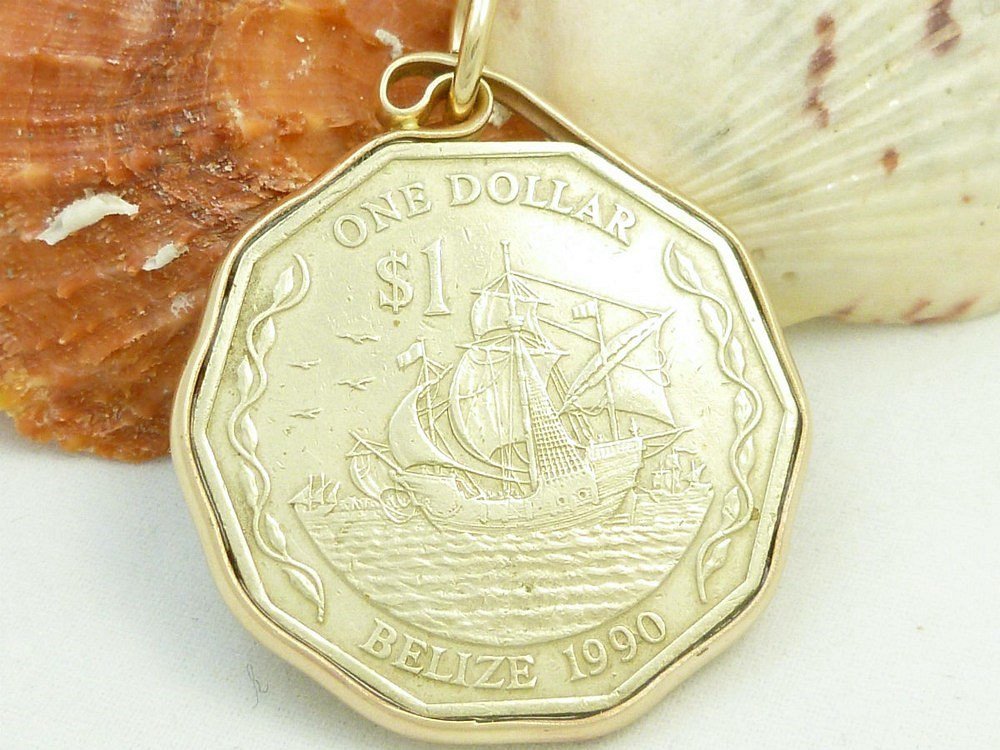 Belize $1 Coin Pendant 14kt Gold Filled Bezel Necklace Sailing Ships