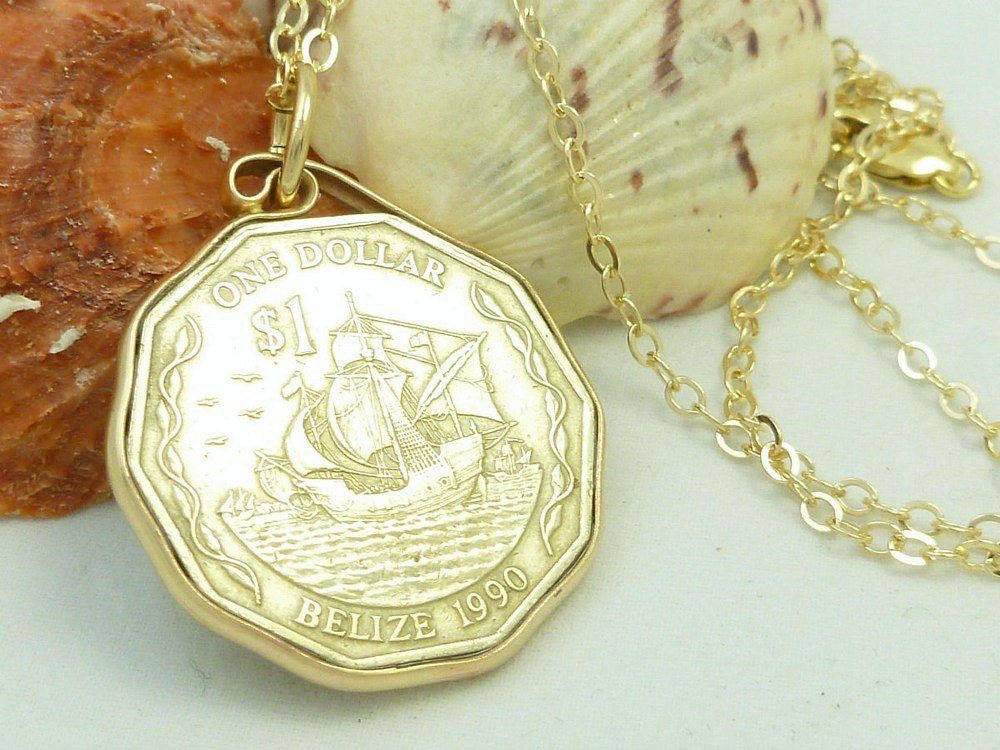 Belize $1 Coin Pendant 14kt Gold Filled Bezel Necklace Sailing Ships