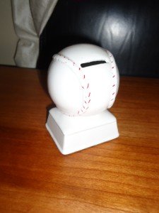 Vintage White Ceramic Baseball Bank Retro Home Decor Distressed