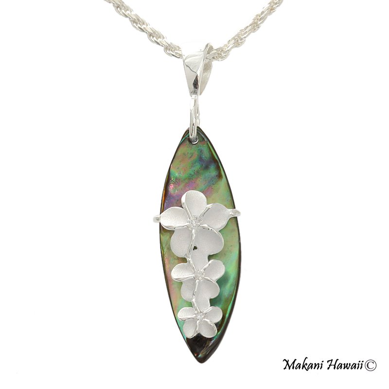 Abalone Surfboard Silver Pendant 3 Flower one tone Hawaiian Necklace ...