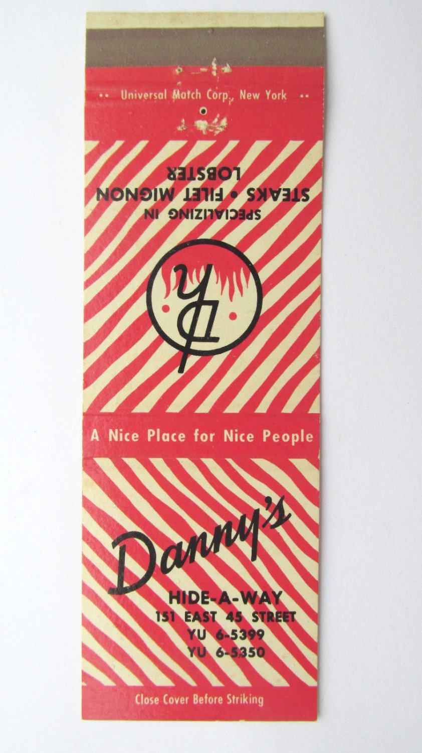 Danny's Hide-A-Way - New York Restaurant 20 Strike Matchbook Cover NY ...