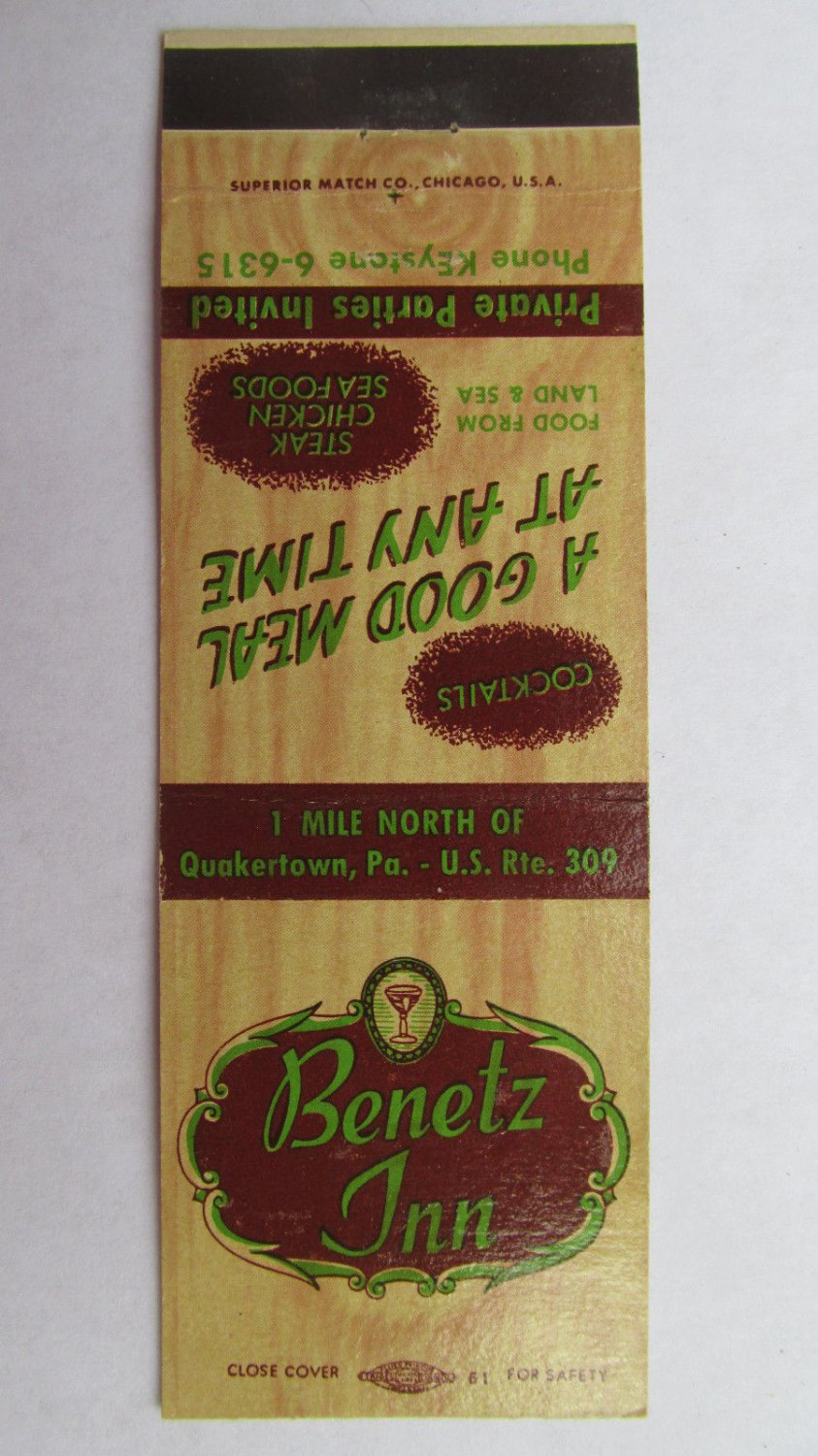 Benetz Inn- Quakertown, Pennsylvania Restaurant 20 Strike Matchbook ...