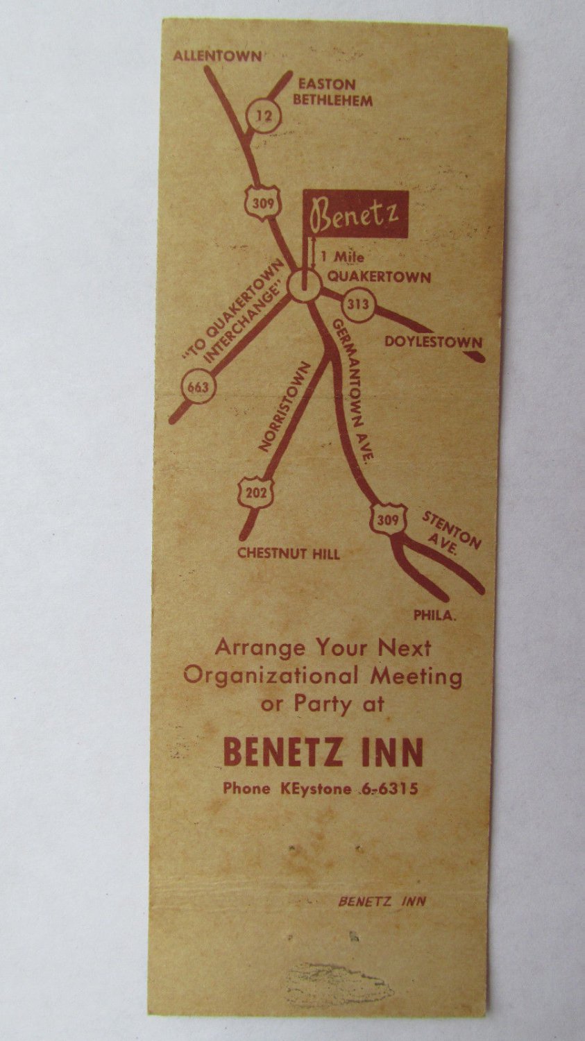 Benetz Inn- Quakertown, Pennsylvania Restaurant 20 Strike Matchbook ...