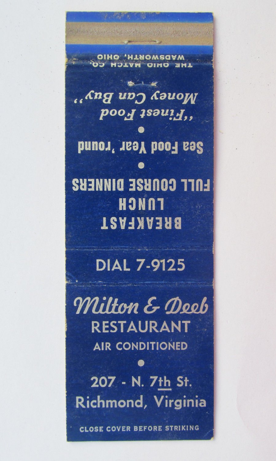 Milton & Deeb Restaurant - Richmond, Virginia 20 Strike Matchbook Match ...