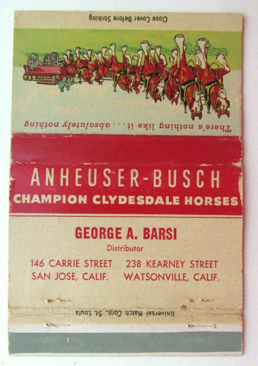 Anheuser-Busch Clydesdale Horses Budweiser Beer 40 Strike Matchbook ...