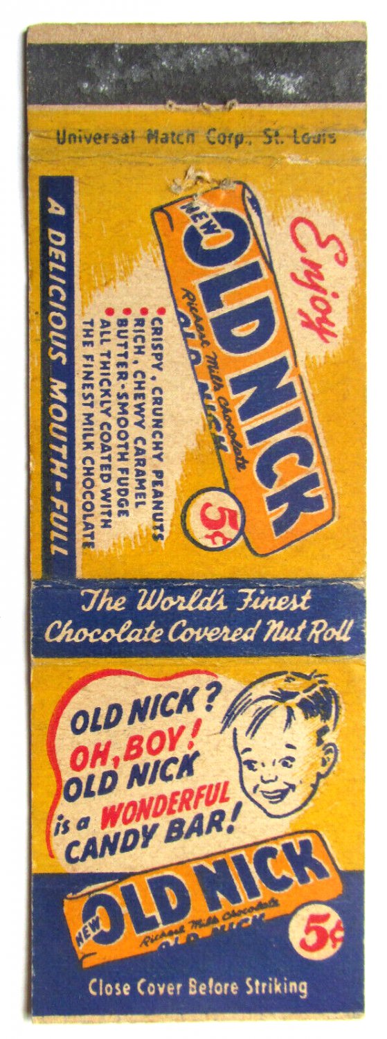 Old Nick Candy Bar - Vintage Advertisement 20 Strike Matchbook Cover ...