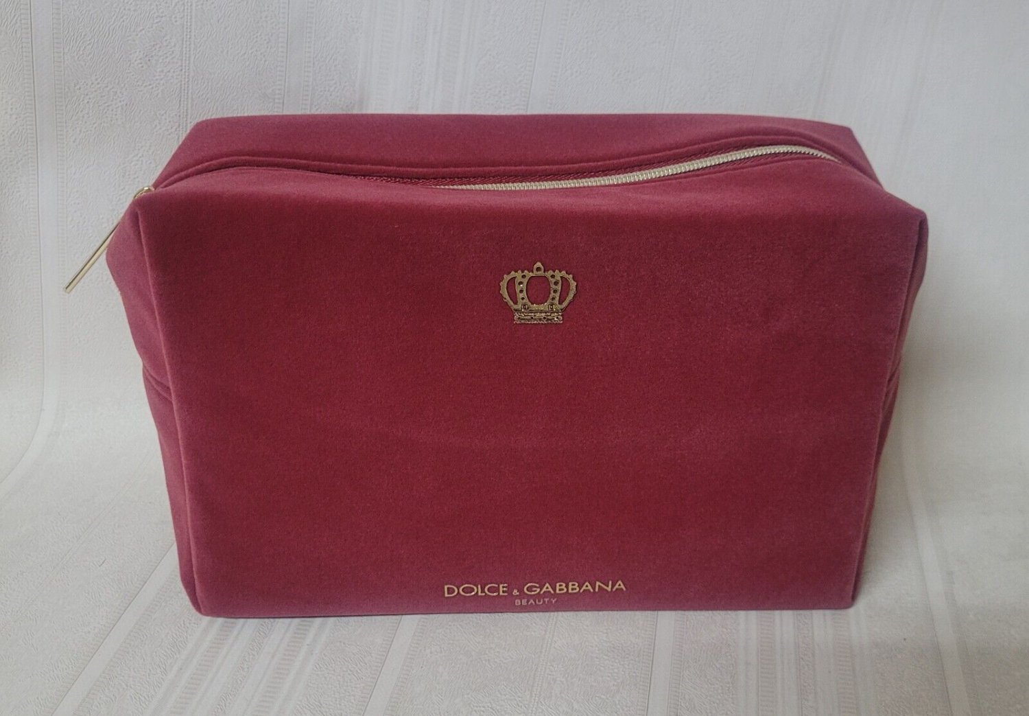 Dolce & Gabbana Beauty Deep Red Velvet Zippered Cosmetic Bag with Logo NEW