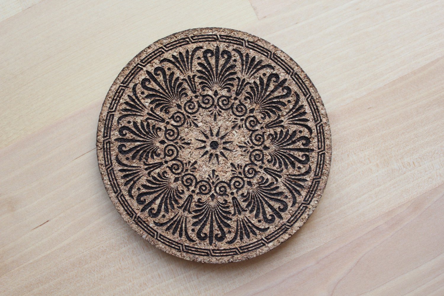 Greek design laser engraved cork coasters - set of 4