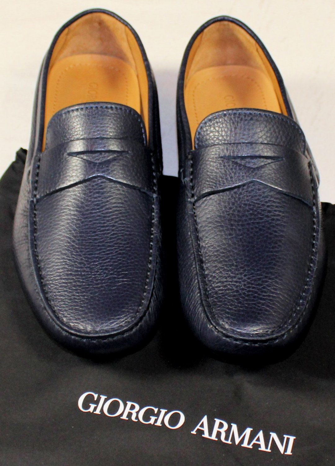 GIORGIO ARMANI SHOES $495 DK BLUE CALFSKIN PENNY LOGO HEEL DRIVER 9 42e NEW