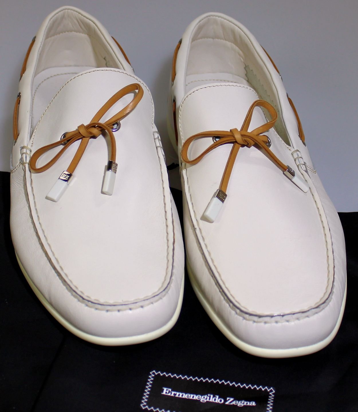 ZEGNA SHOES $575 IVORY BRUSHED CALF TIED ORNAMENT VAMP LOGO DECK SHOE ...