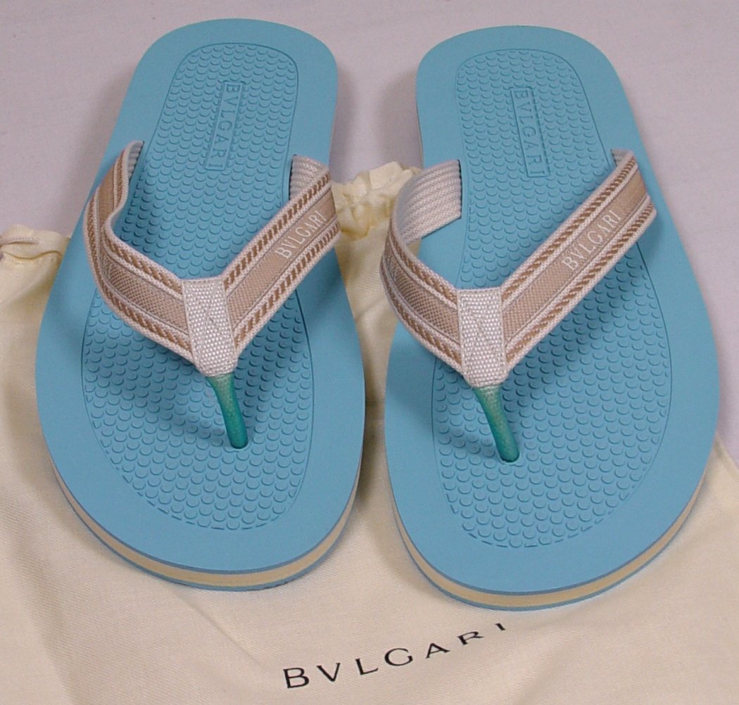 BULGARI SHOES $295 LT BLUE/BEIGE LOGO THONG BULGARI SANDALS BEACHWEAR 8 ...