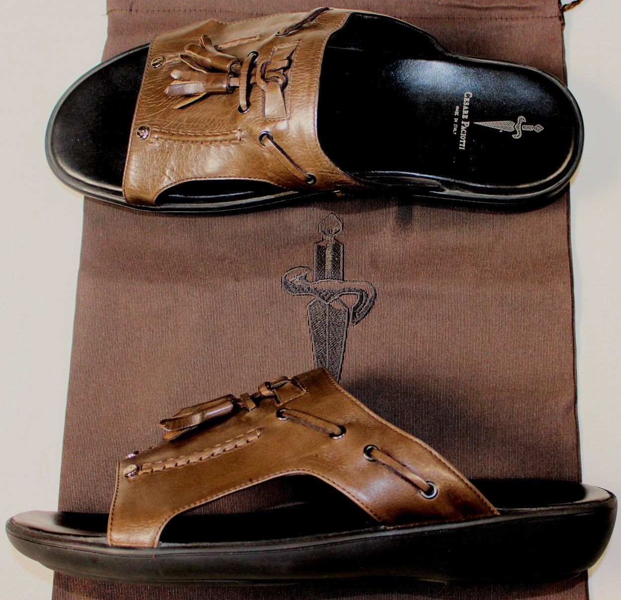 CESARE PACIOTTI SHOES $485 DARK BROWN LOGO RIVET TASSELED VAMP SANDALS ...