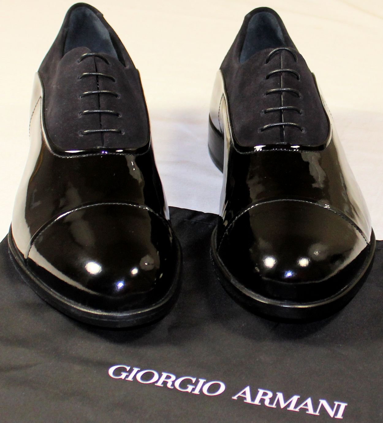 GIORGIO ARMANI SHOES $820 BLACK PATENT/SUEDE MIXED FORMAL CAPTOE 13 46e NEW