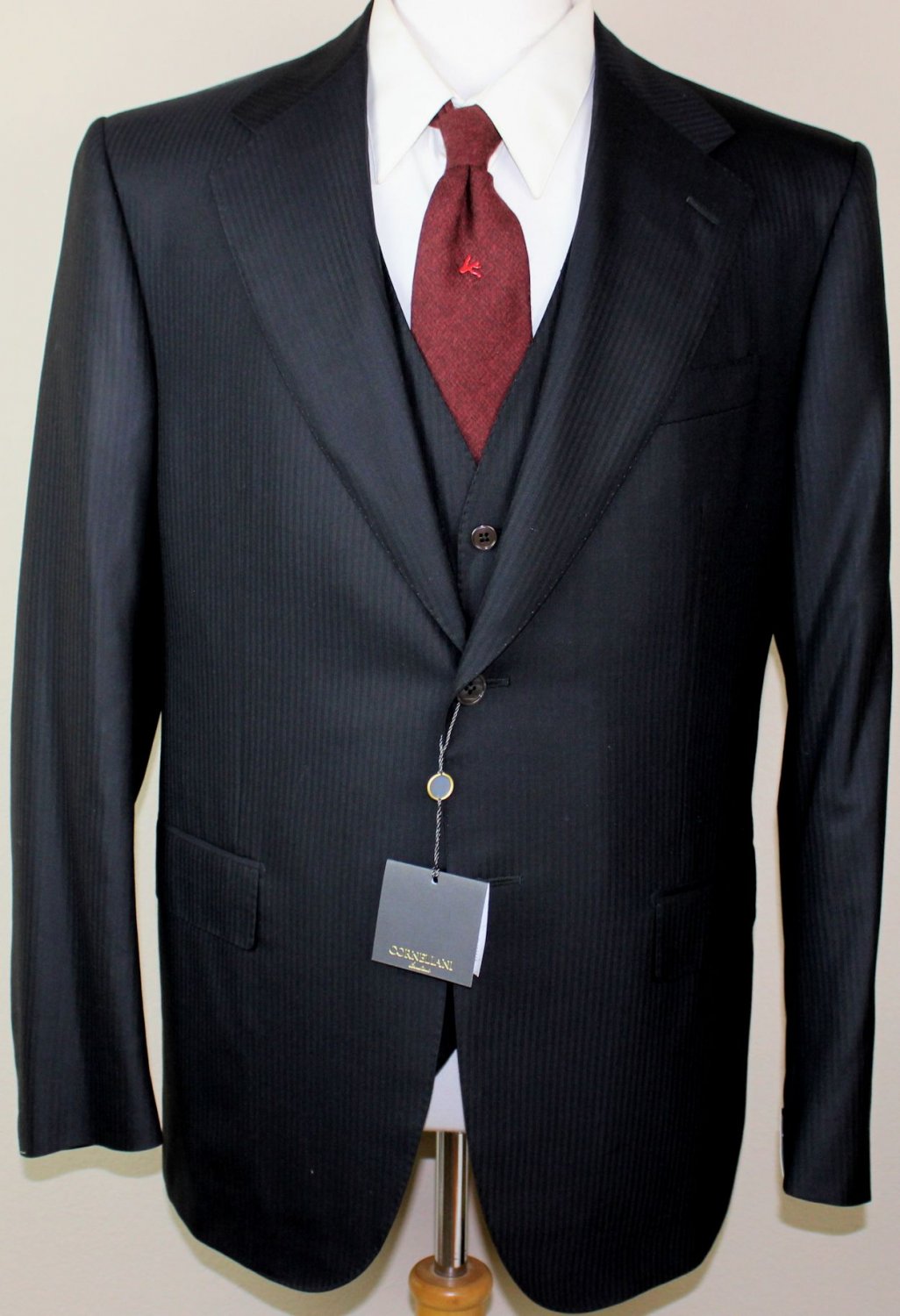 CORNELIANI SUIT $2680 BLACK REP STRIPE SP150's WOOL 2-BTN 3-PC SUIT 44R ...