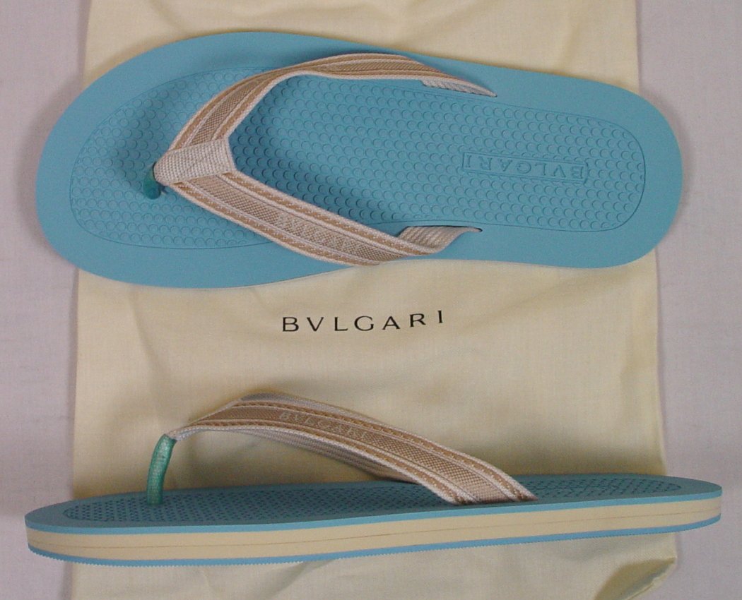 BULGARI SHOES $295 LT BLUE/BEIGE LOGO THONG BULGARI SANDALS BEACHWEAR ...