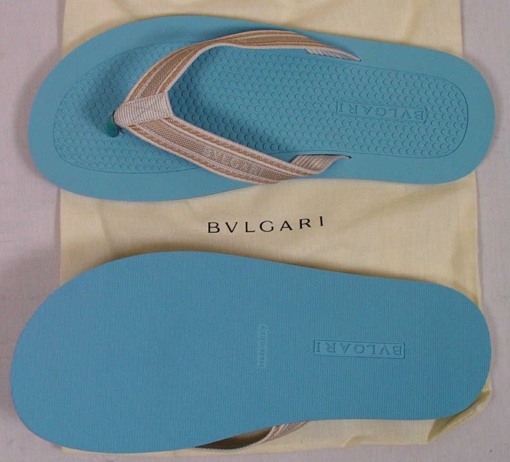 BULGARI SHOES $295 LT BLUE/BEIGE LOGO THONG BULGARI SANDALS BEACHWEAR ...