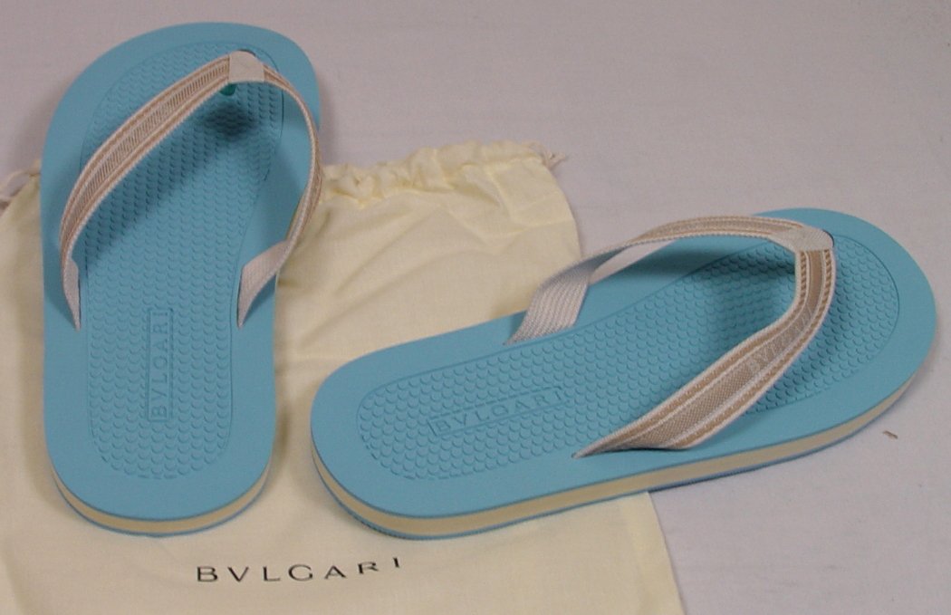 BULGARI SHOES $295 LT BLUE/BEIGE LOGO THONG BULGARI SANDALS BEACHWEAR ...