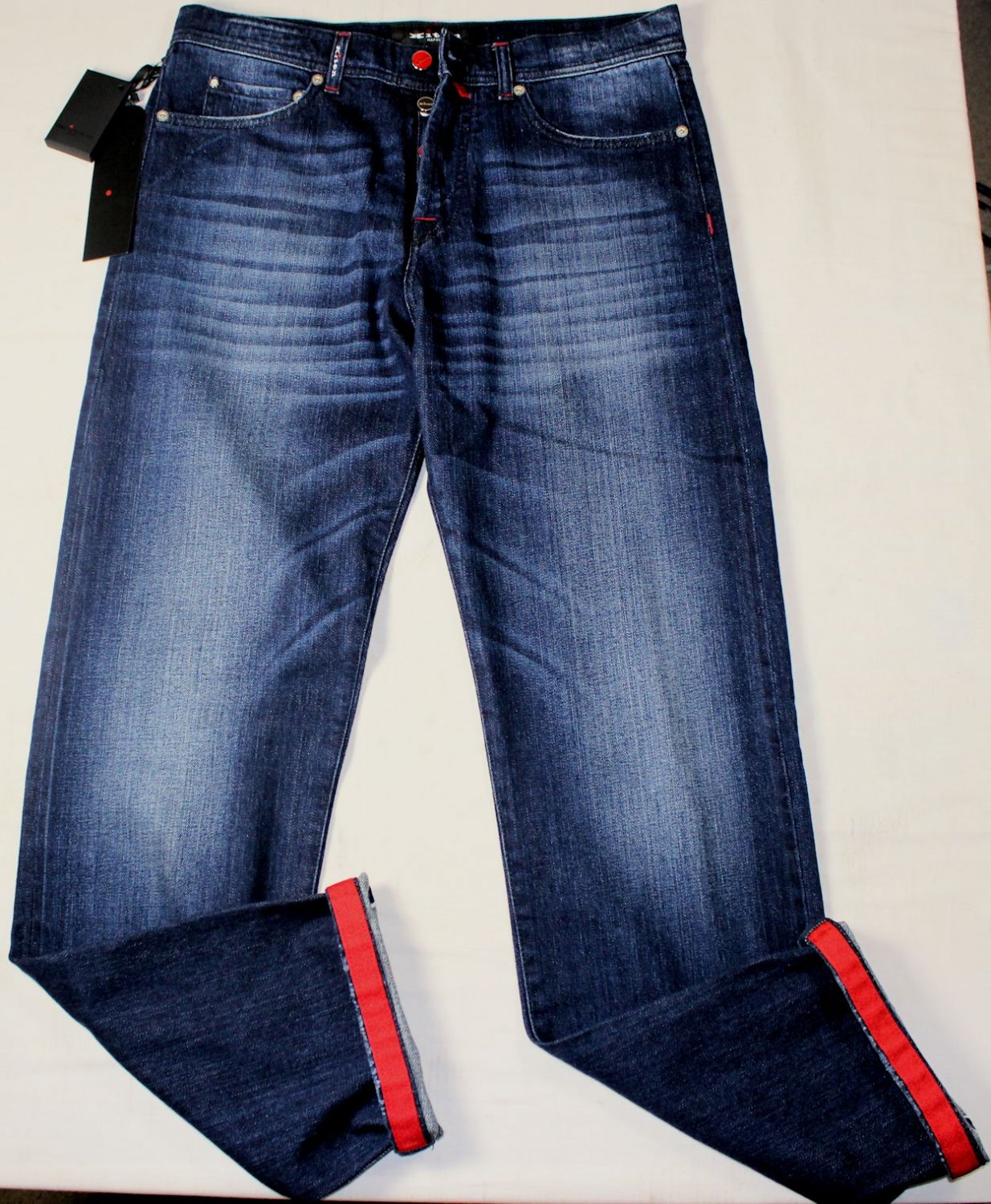 KITON JEANS $995 DARK WASH FRONT WHISKERED LOGO EMBROIDERED DENIM 33/34 ...