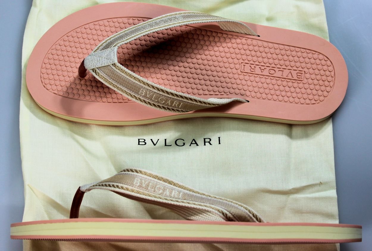 BULGARI SHOES $295 LT PINK/BEIGE LOGO THONG BULGARI SANDALS BEACHWEAR ...