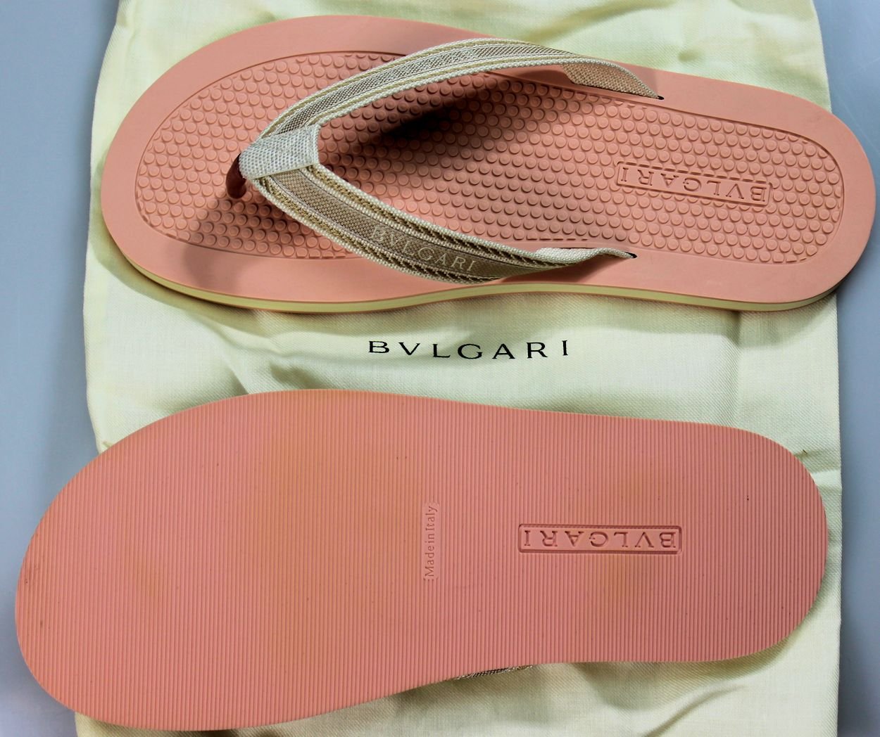 BULGARI SHOES $295 LT PINK/BEIGE LOGO THONG BULGARI SANDALS BEACHWEAR ...