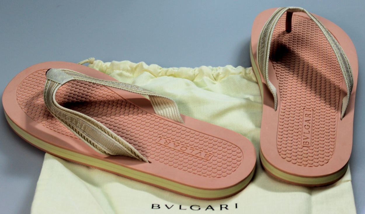 BULGARI SHOES $295 LT PINK/BEIGE LOGO THONG BULGARI SANDALS BEACHWEAR ...