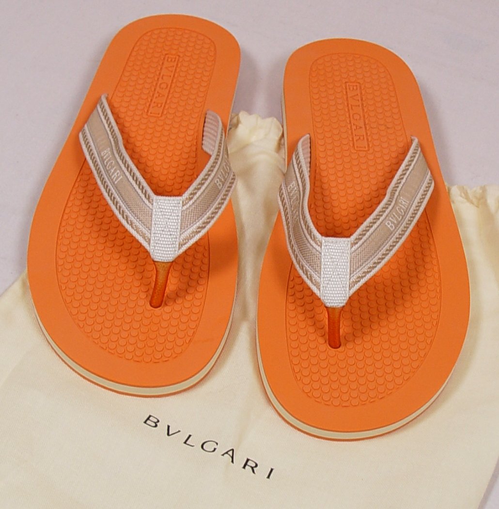 BULGARI SHOES $295 ORANGE/BEIGE LOGO THONG BULGARI SANDALS BEACHWEAR 10 ...