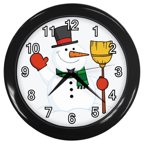 Snowman With Broom Black Frame Novelty Christmas Wall Clock