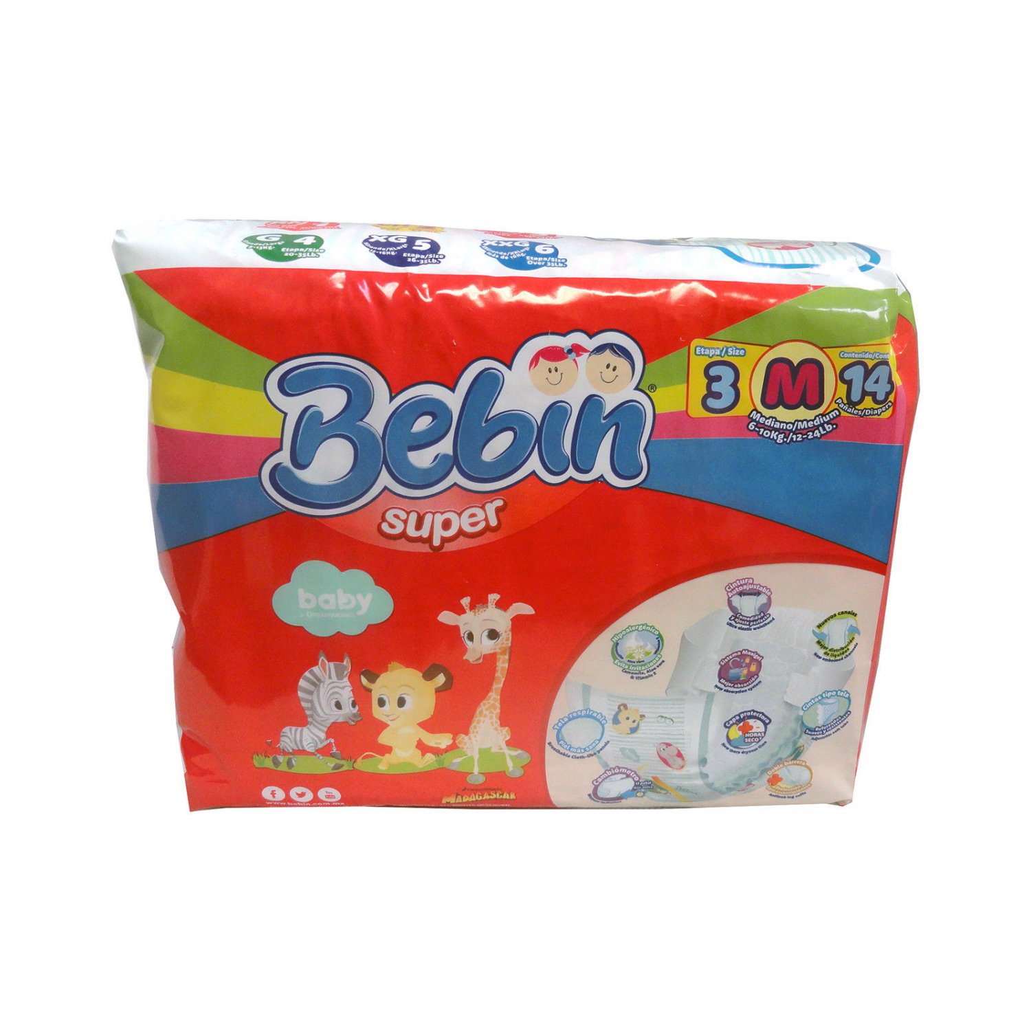 BABY DIAPERS BEBIN SUPER MADAGASCAR MEDIUM 6 x 14
