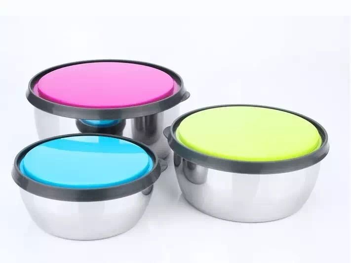 3Pcs/Set Crisper Round Stainless Steel Bowl With Colored Plastic ...