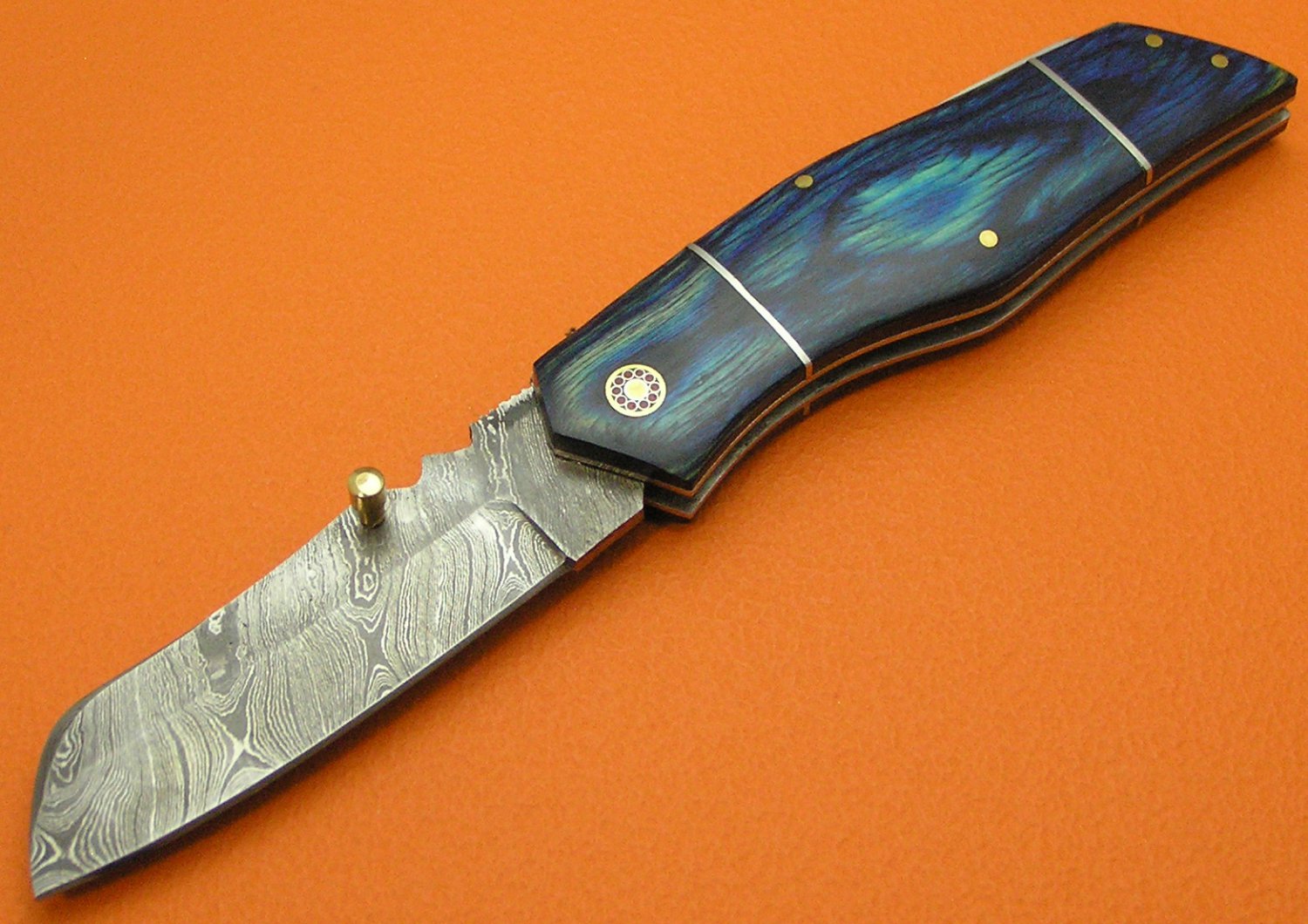 100% Handmade Damascus Steel Blue Pakkawood Handle Back Lock Folding ...