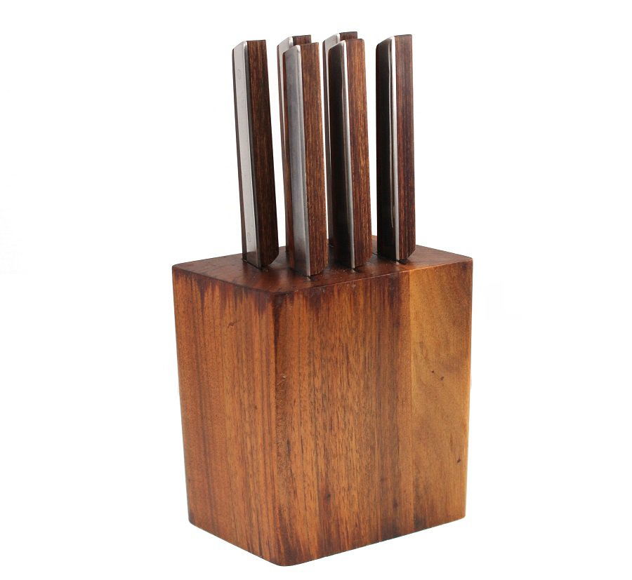 Vernco Vintage Steak Knife Set 6 Wood Block Carbon Stainless Mid ...