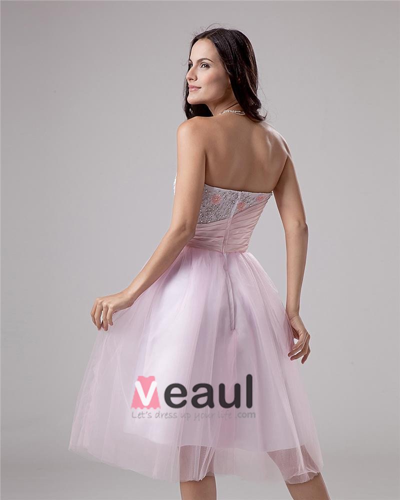 Organza Pleated Beading Strapless Knee Length Graduation Dresses