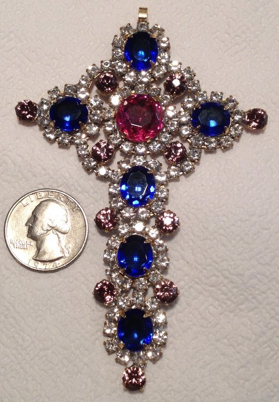 Huge 4.25" Rhinestone Cross Pendant Necklace Blue Pink Smoky Quartz ...