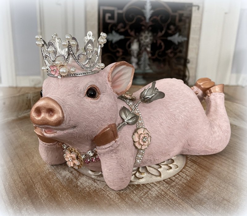 Lounging Crowned Pig Statue Shabby Chic Rhinestone Pig Figurine French ...