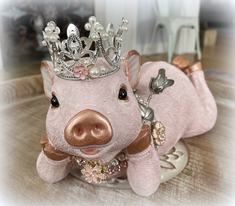 Lounging Crowned Pig Statue Shabby Chic Rhinestone Pig Figurine French ...
