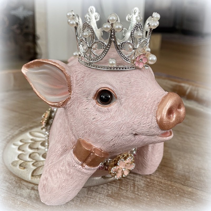Lounging Crowned Pig Statue Shabby Chic Rhinestone Pig Figurine French ...
