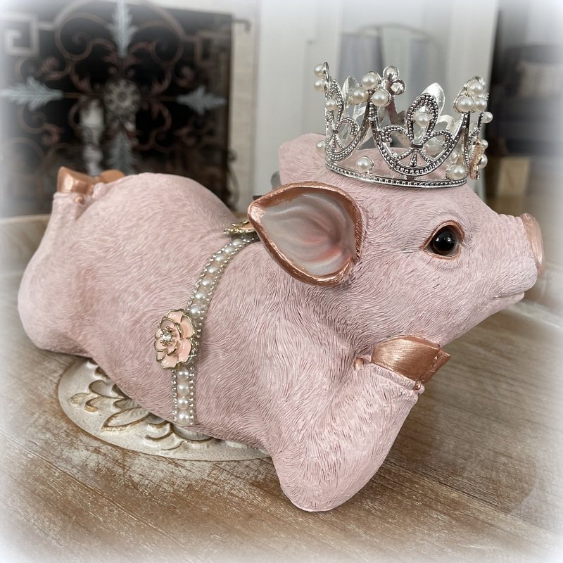 Lounging Crowned Pig Statue Shabby Chic Rhinestone Pig Figurine French ...