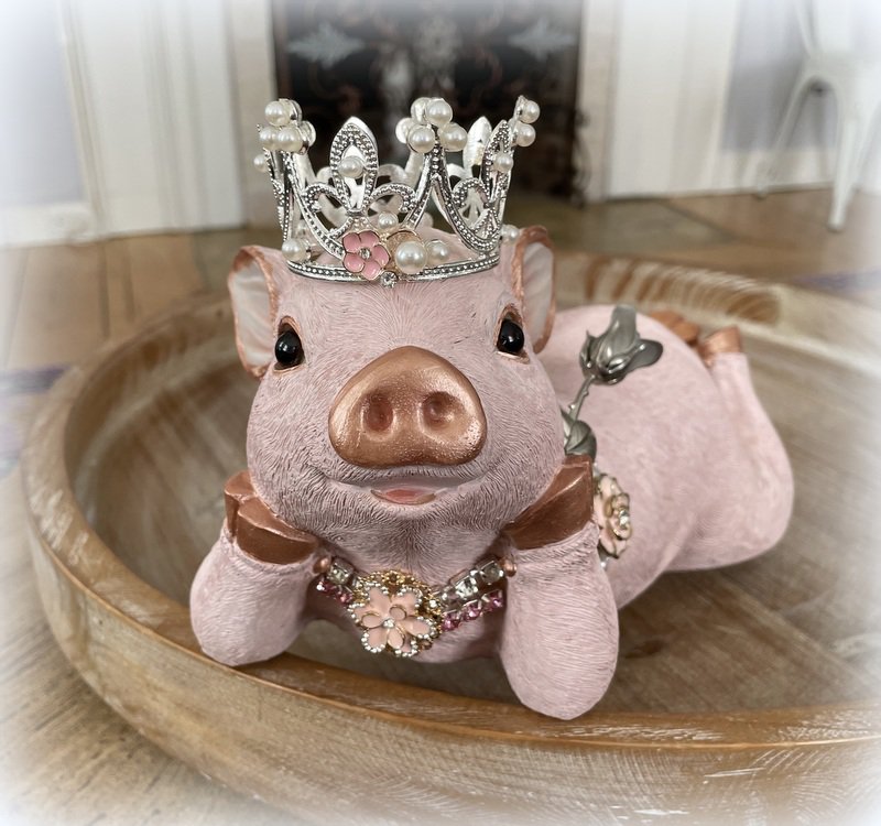 Lounging Crowned Pig Statue Shabby Chic Rhinestone Pig Figurine French ...