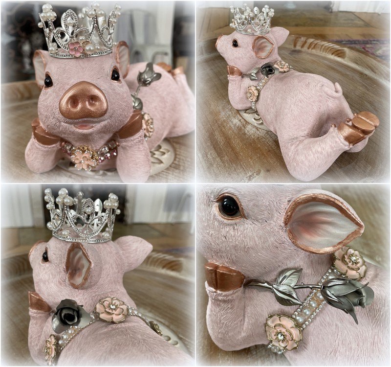 Lounging Crowned Pig Statue Shabby Chic Rhinestone Pig Figurine French ...