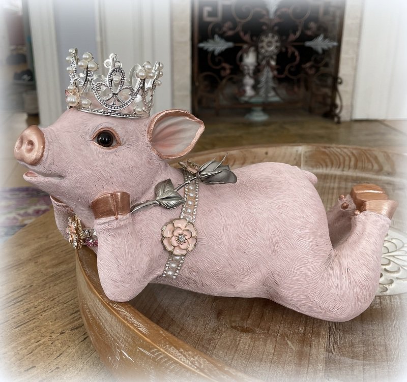 Lounging Crowned Pig Statue Shabby Chic Rhinestone Pig Figurine French ...