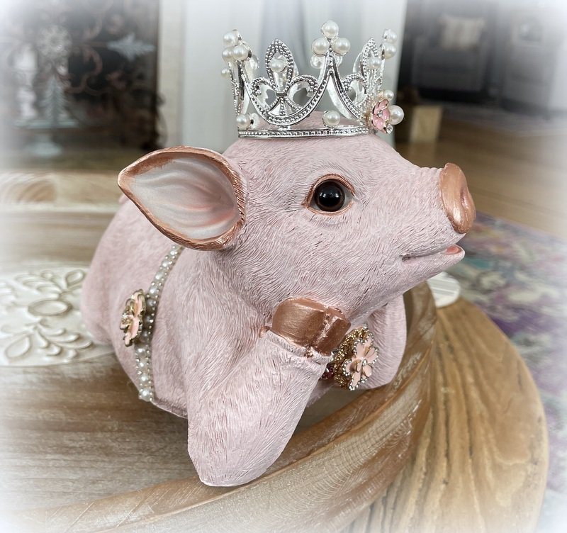 Lounging Crowned Pig Statue Shabby Chic Rhinestone Pig Figurine French ...