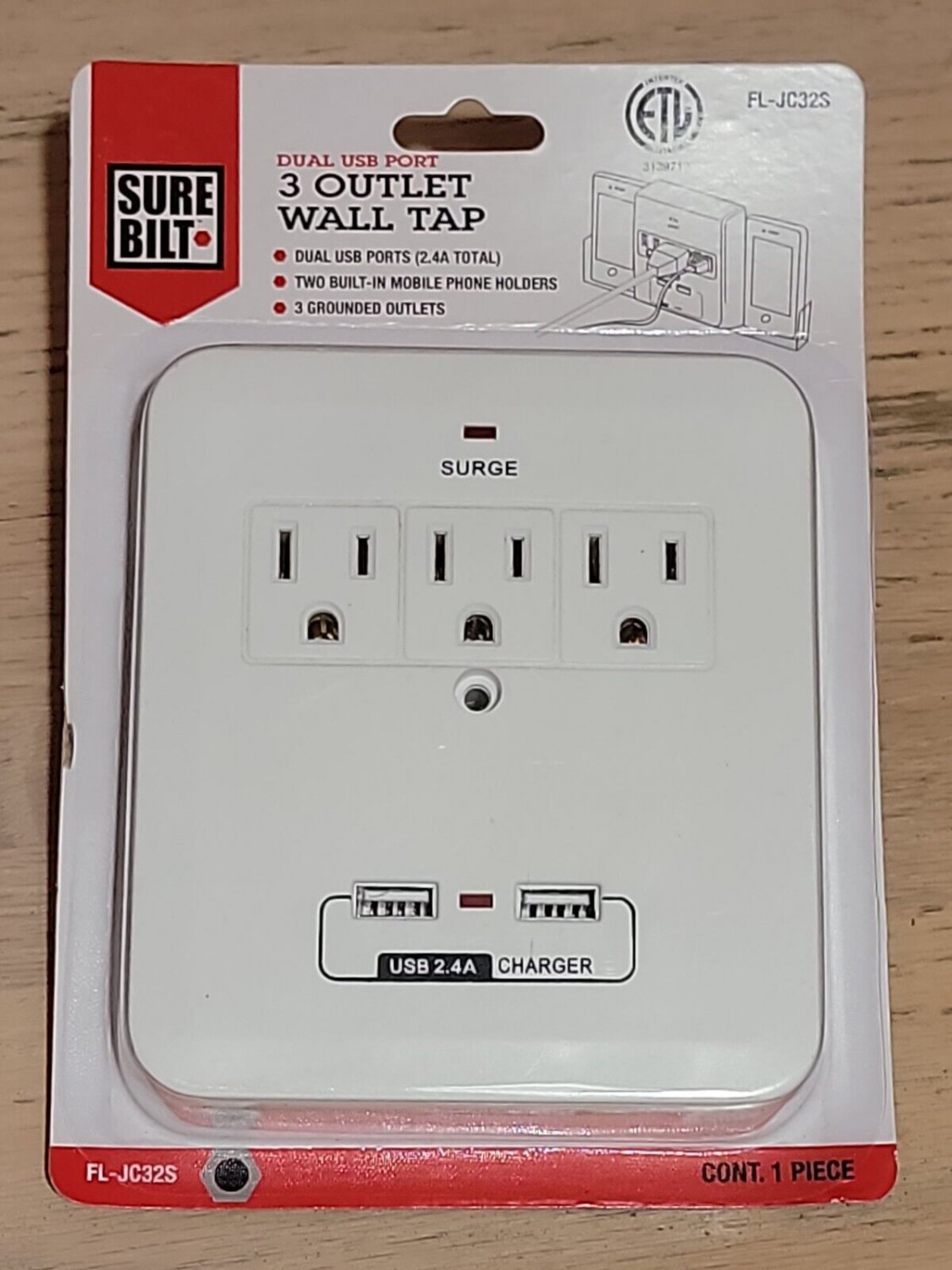 SURE BILT 3 Outlet Extender Surge Protector 2 USB Charger Port Wall ...