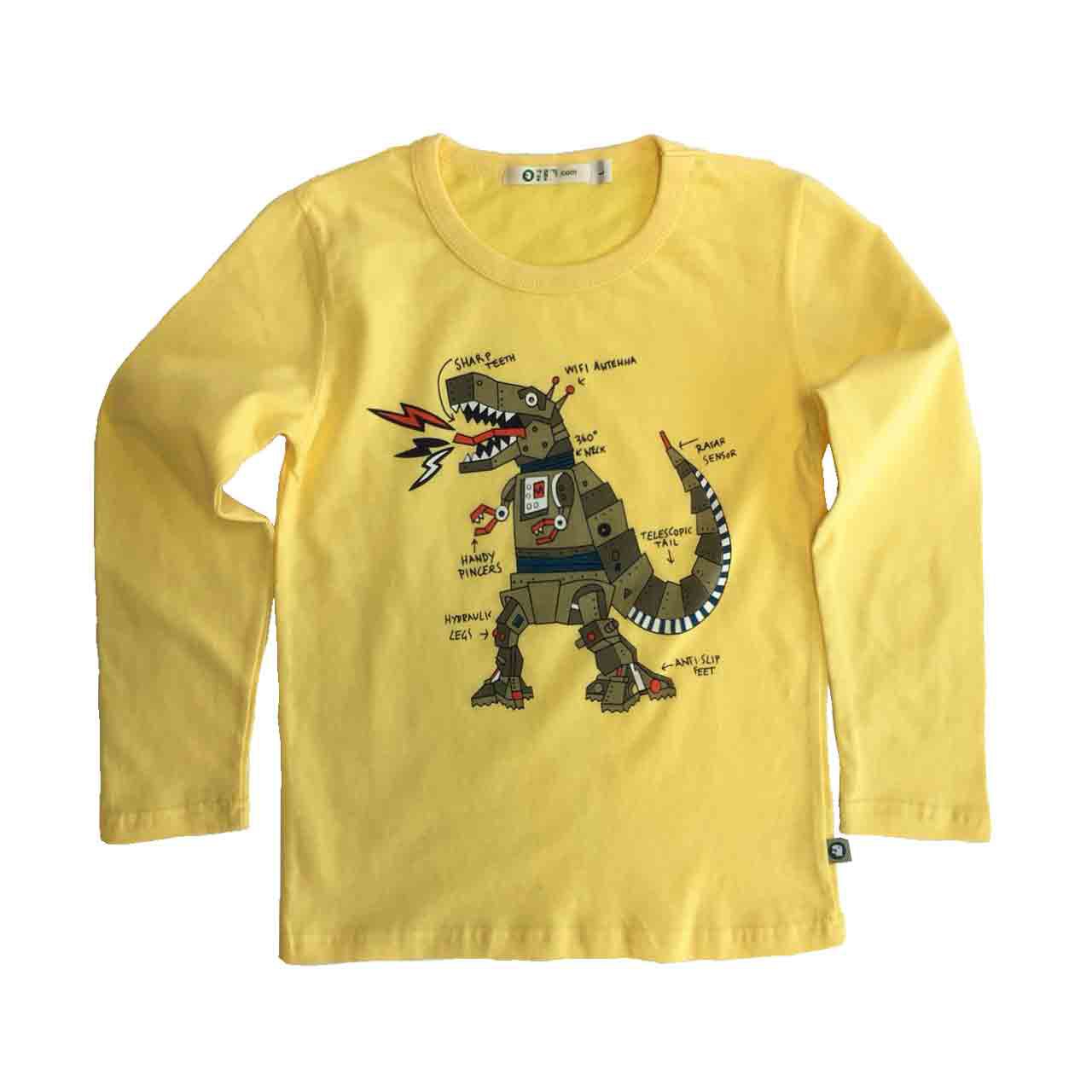 Premium Fun Robot Dinosaur Long Sleeve T Shirt for Boys - Yellow/Large