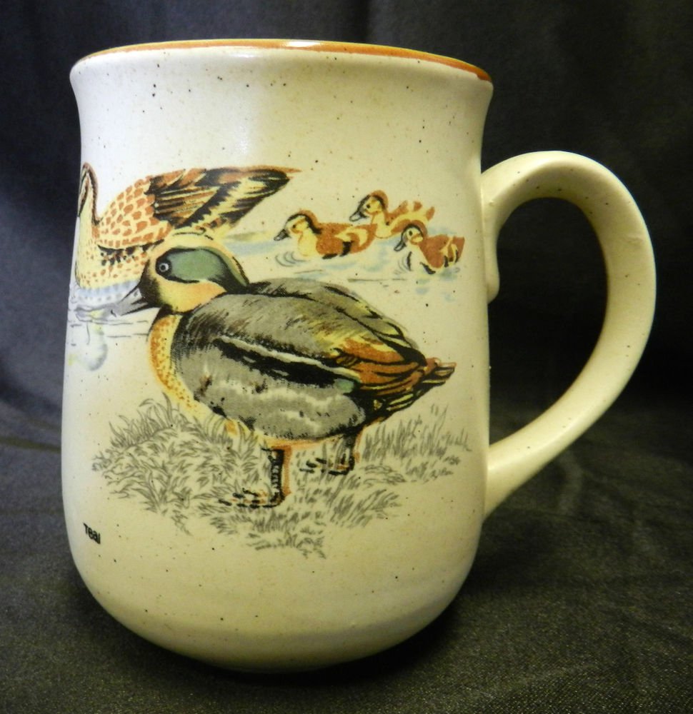 Pottery Duck Cup Mug Teal Drake Hen Ducklings Bird Waterfowl Vintage