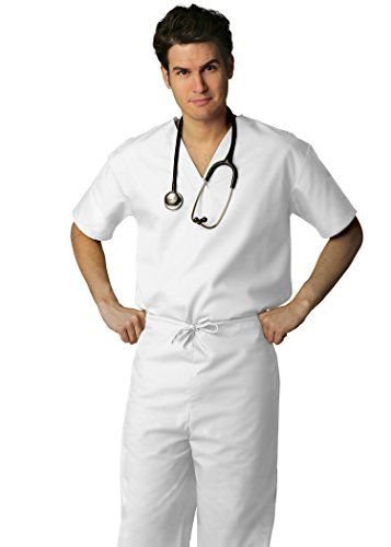 White Scrub Set S V Neck Top Drawstring Pants Unisex Uniforms Scrubs 2 ...