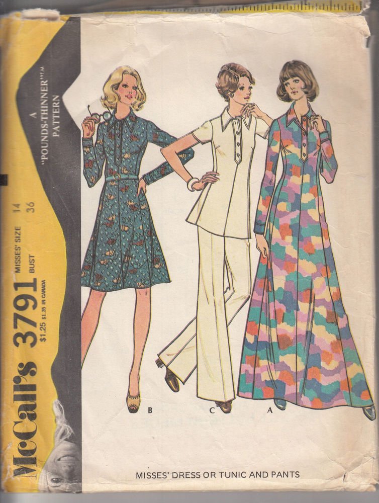 McCall's 3791-Vtg 70's Woman Dress, Tunic, Pants Sewing Pattern Sz 14