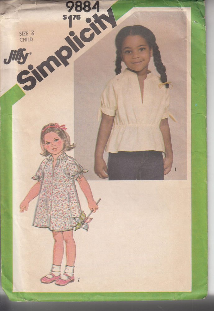 Simplicity 9884-Girl's Jiffy Dress, Top Sz 6 Vtg 80's Sewing Pattern UNCUT