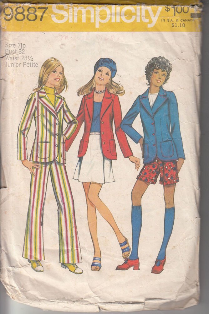Simplicity 9887-Junior Jacket, Mini-Skirt, Pants Sz 7 Vtg 70's Sewing Pattern