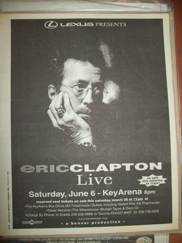 ERIC CLAPTON 1998 Seattle Newspaper Concert Poster Size AD