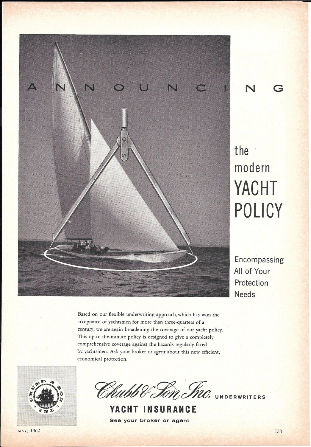 1962 Chubb Insurance Ad- Nice Photo of Yacht